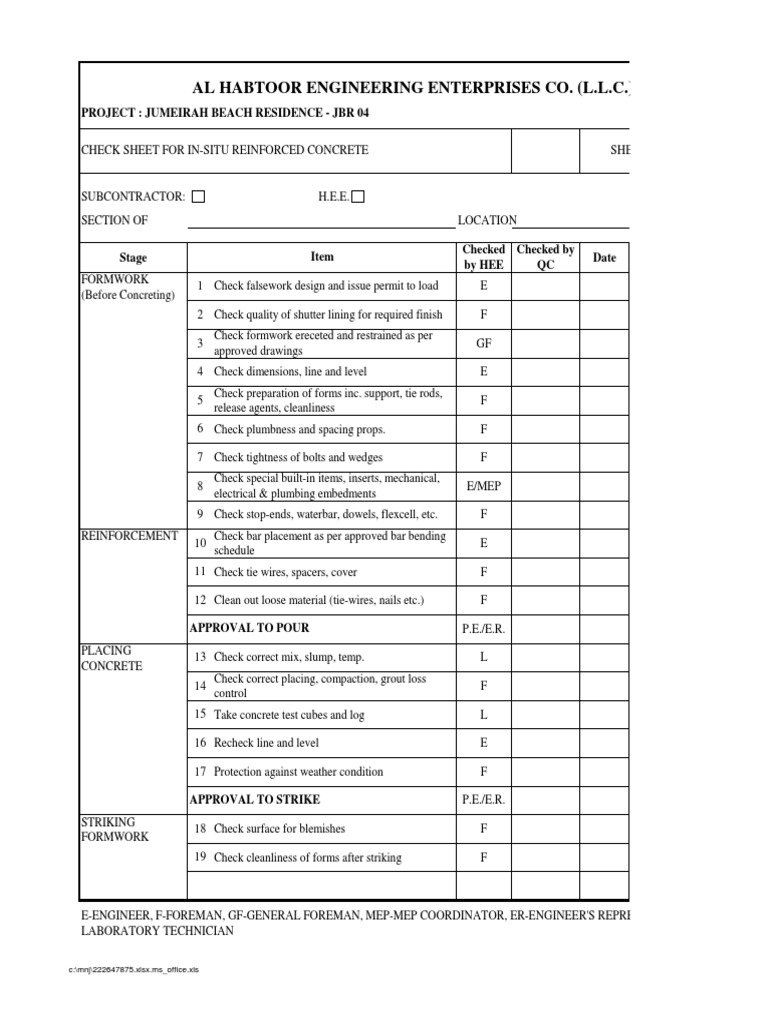 Check Sheet For In-Situ Reinforced Concrete For Suspended Slab-F08 ...