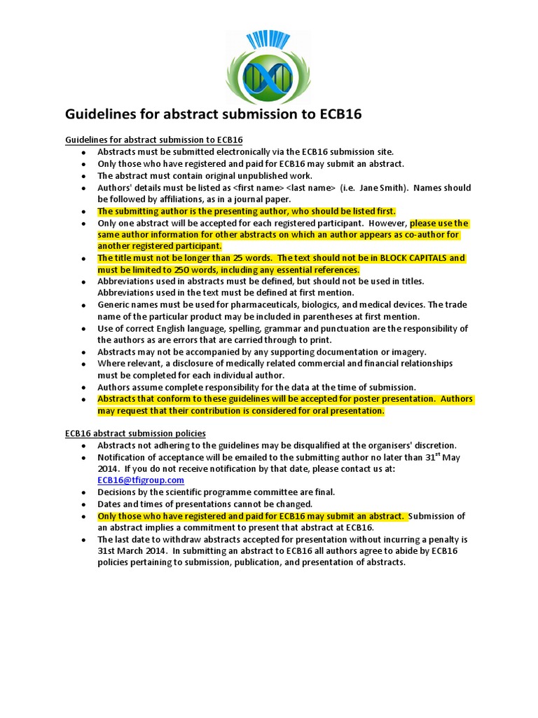 Guidelines For Abstract Submission To ECB16-Final | PDF | Abstract ...