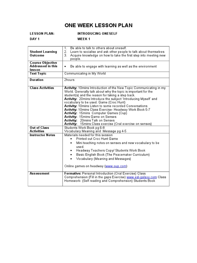1 Week Lesson Plan | PDF | Lesson Plan | Reading Comprehension
