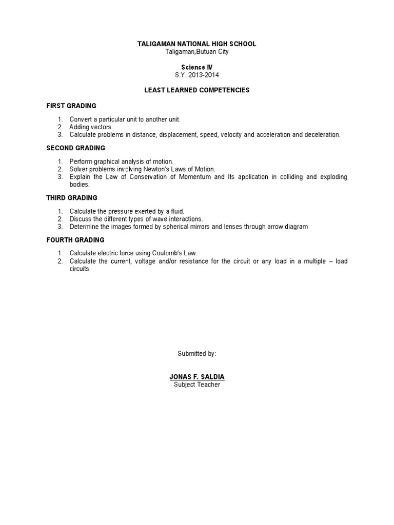 Least Learned Competencies | PDF | Quadratic Equation | Student's T Test