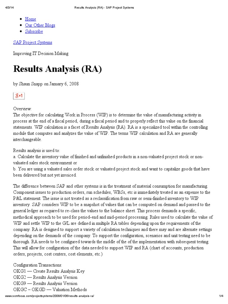 Results Analysis (RA) - SAP Project Systems | PDF | Inventory | Supply ...