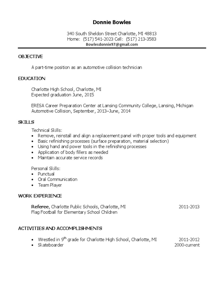 Automotive Collision Technician Resume | PDF | Career & Growth | Business