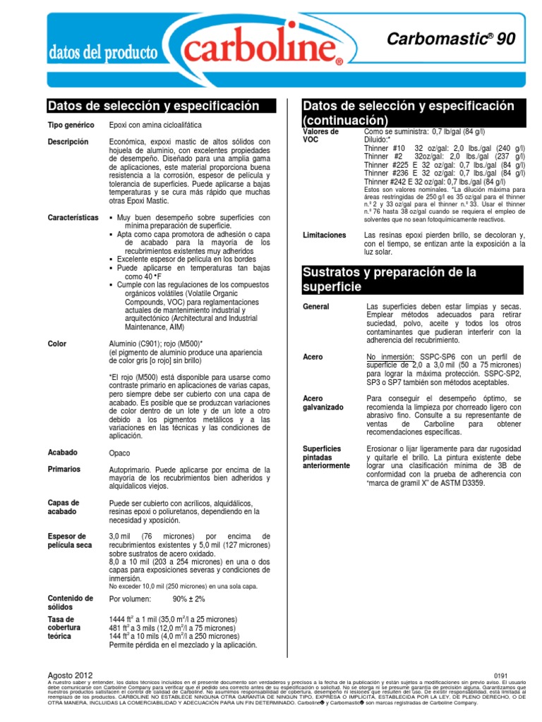 Carbomastic 90 PDS 8-12 ES-LA (Autoimprimante) | PDF | Humedad | Aluminio