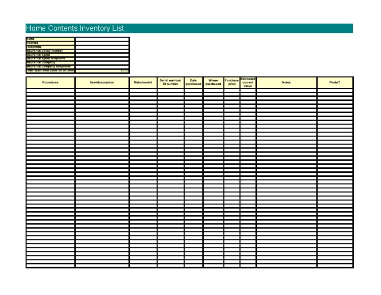 Home Contents Inventory Template | PDF