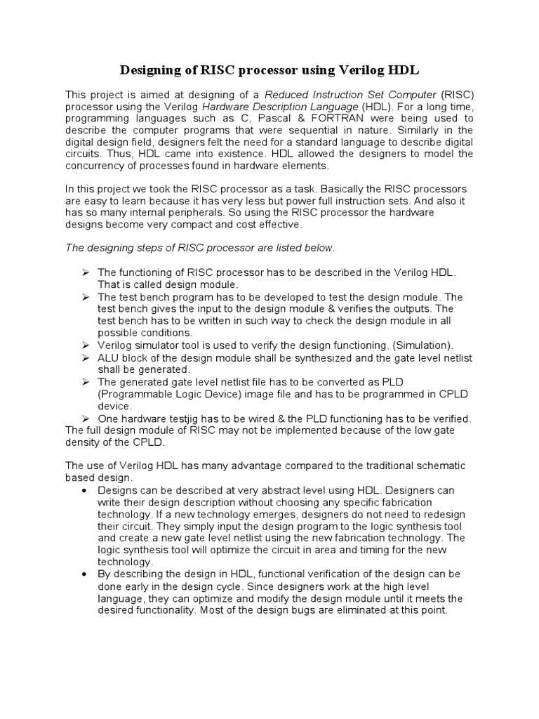Designing Of Risc Processor Using Verilog Hdl Pdf Hardware