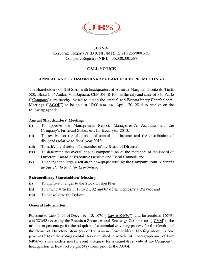 Call Notice A/ESM | PDF | Board Of Directors | Companies