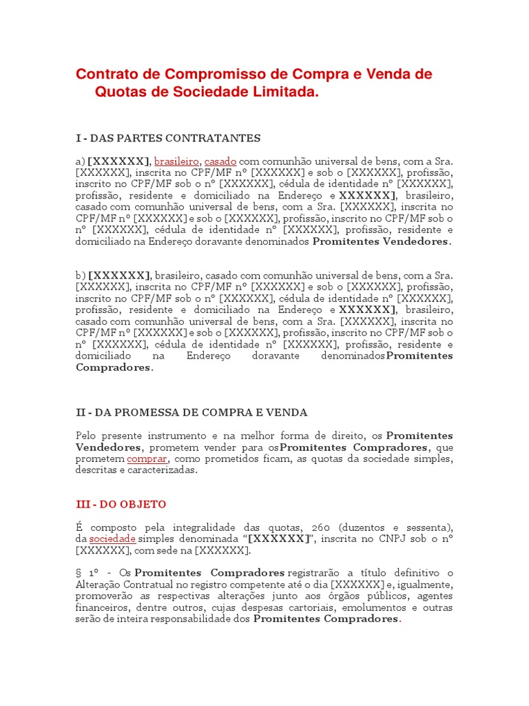 Contrato de Compromisso de Compra e Venda de Quotas de Sociedade ...