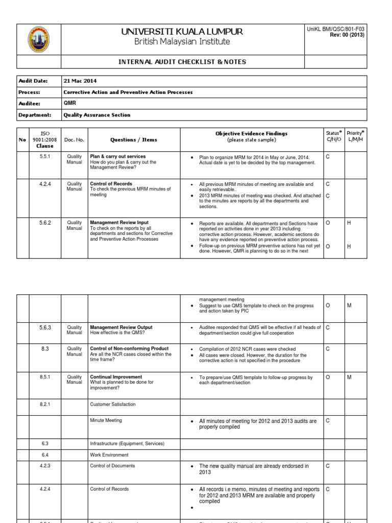 Corrective & Preventive Action Checklist & Notes | Quality Management ...