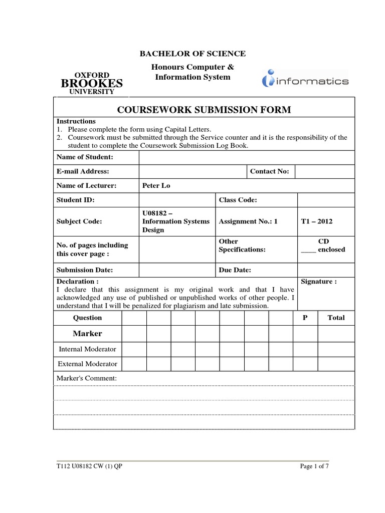 Brookes: Coursework Submission Form | PDF | Specification (Technical Standard) | Software ...