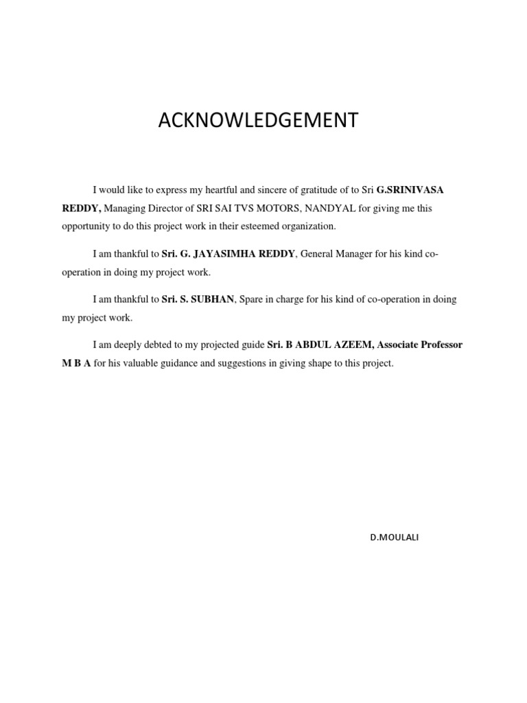 Acknowledgement for Project Work | PDF
