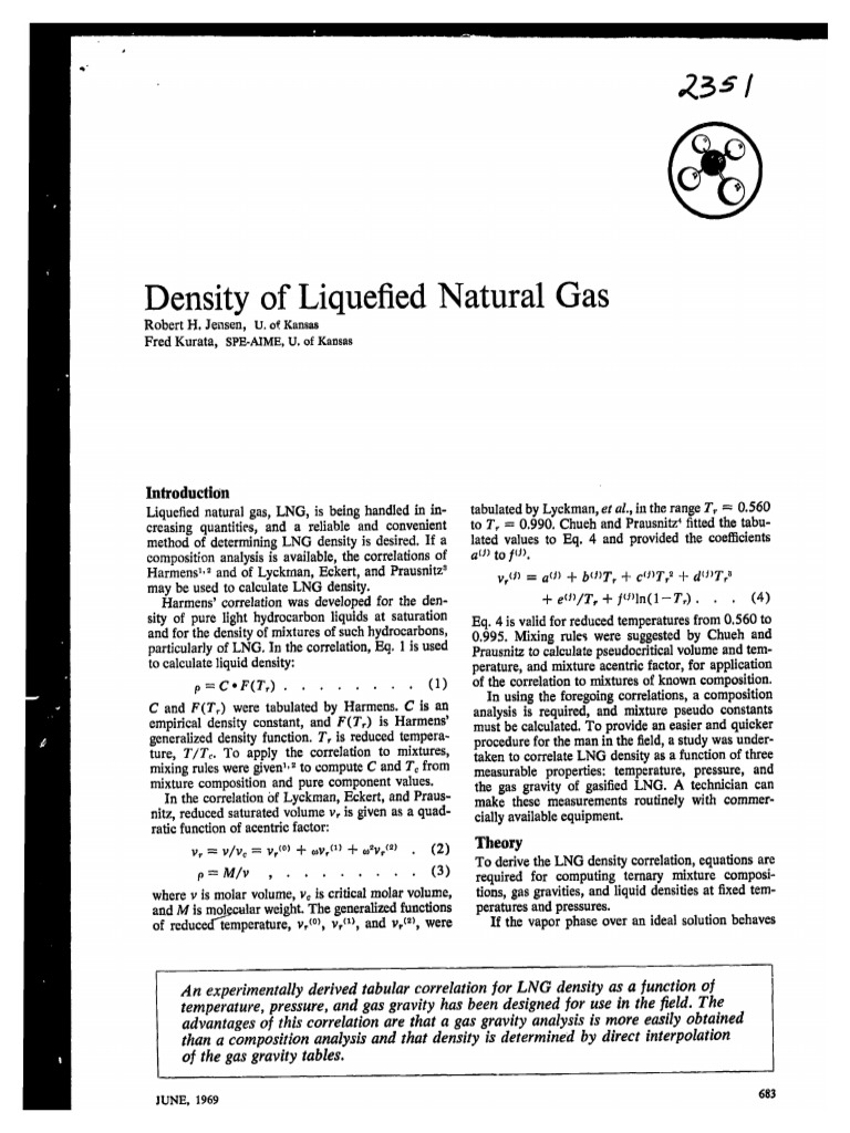 Density of Liquefied Natural Gas: U. of Krmsas SPE-AIME, U. of Kansas ...
