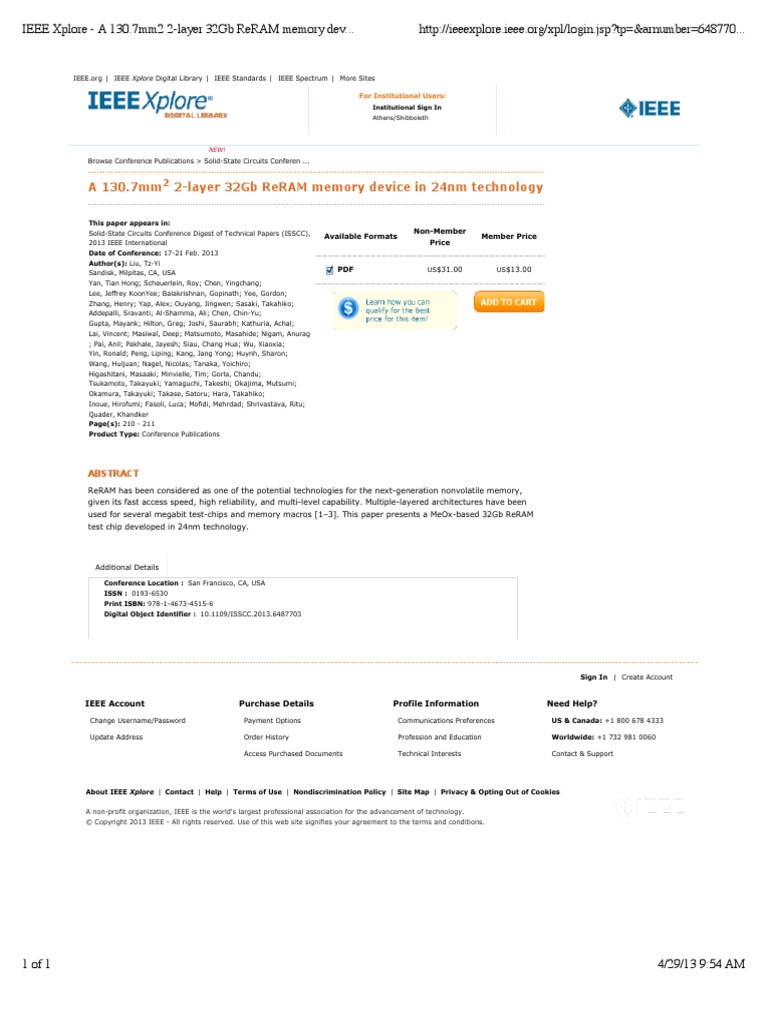 A 130.7Mm 2-Layer 32Gb Reram Memory Device in 24Nm Technology | PDF ...