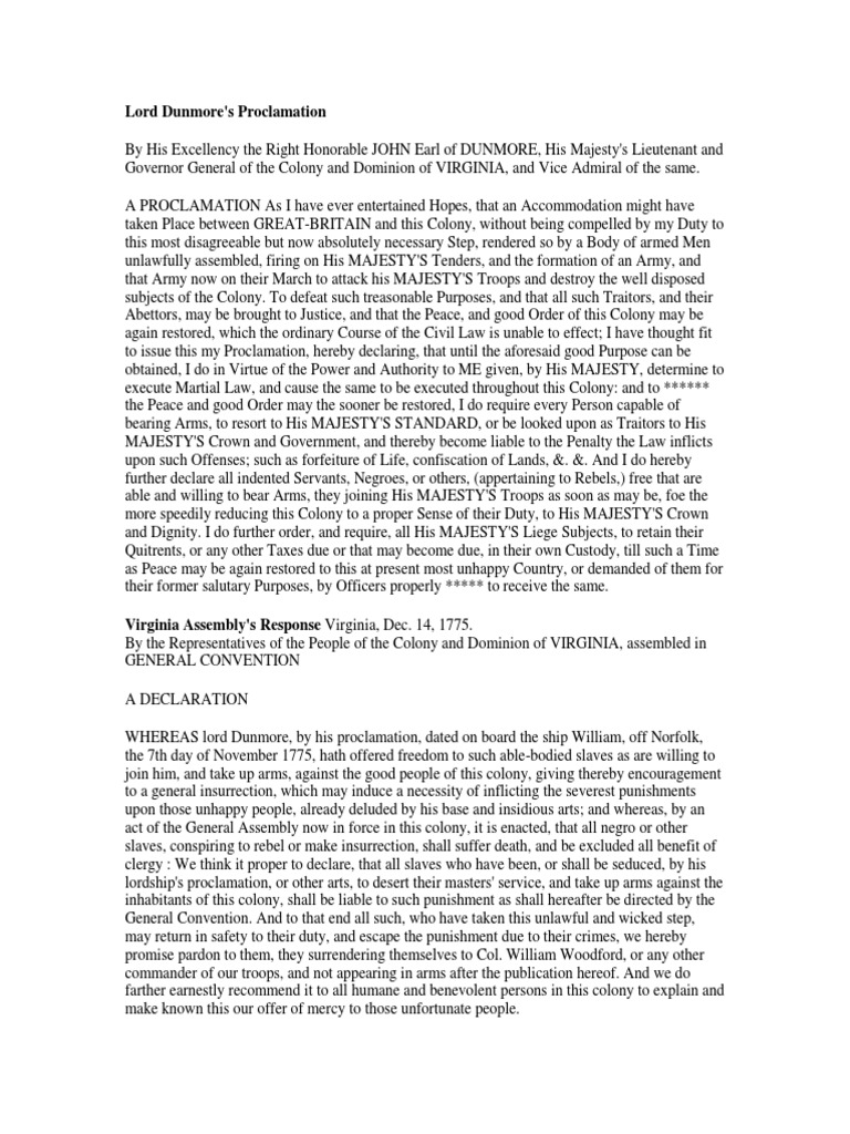 Lord Dunmore's Proclamation | Download Free PDF | Slavery In The United ...