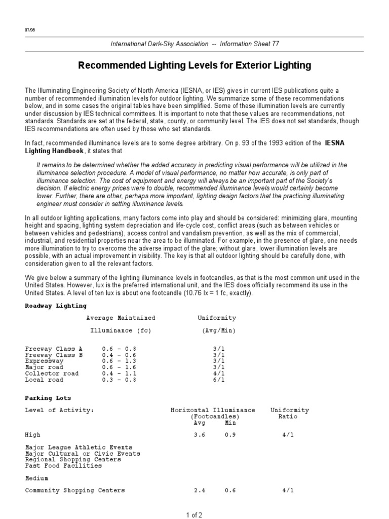Recommended Lighting Levels For Exterior Lighting | PDF | Lighting ...
