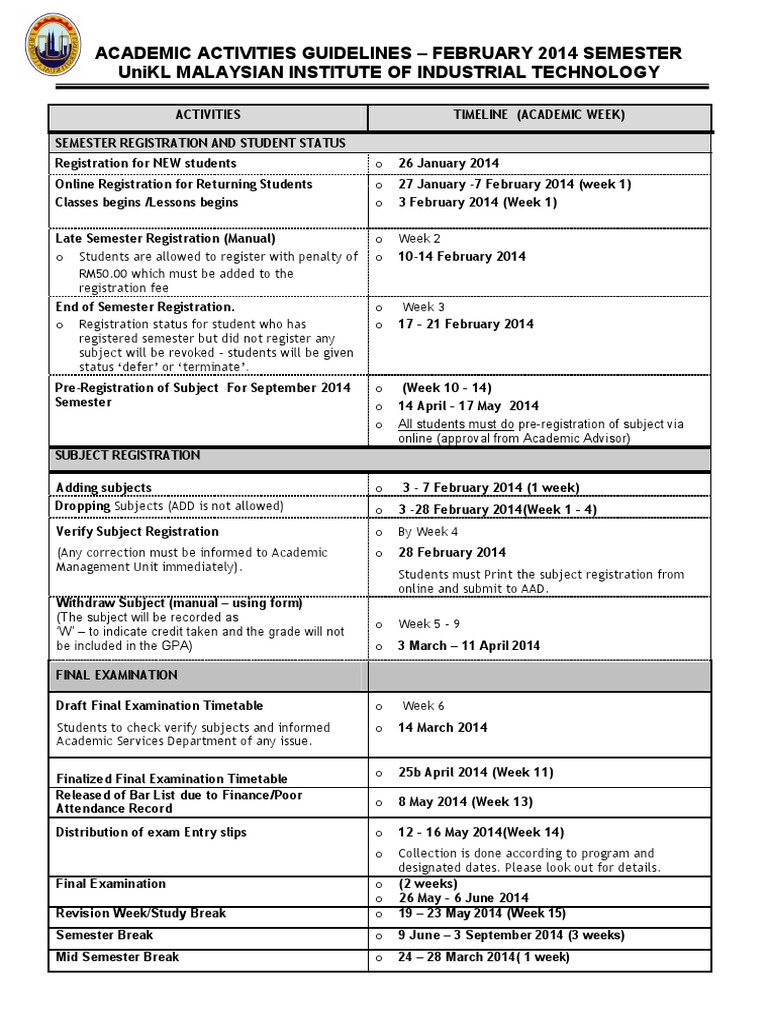 UniKL Academic Activities Guidelines 2014 | PDF | Academic Term | Fee