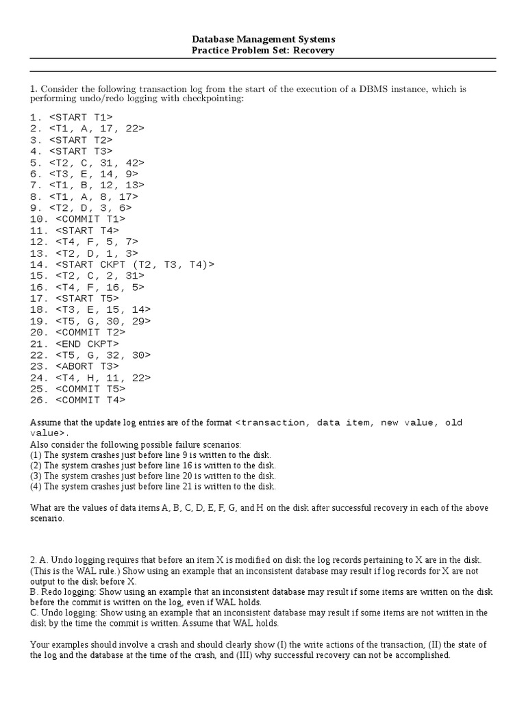 Database Management Systems Practice Problem Set: Recovery | PDF | Database Transaction | Databases