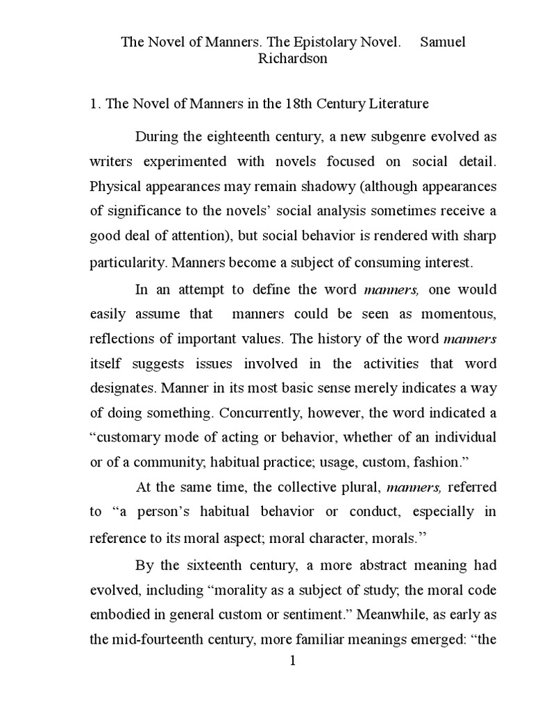 The Novel of Manners Samuel Richardson | PDF | Novels | Etiquette