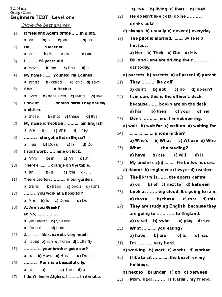 Circle The Best Answer: Beginners TEST Level One | PDF | Leisure