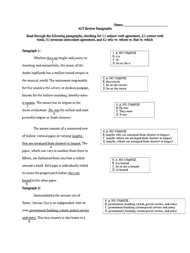 Pronoun Antecedent Agreement Act Review Passages Round 1 | PDF | Social ...