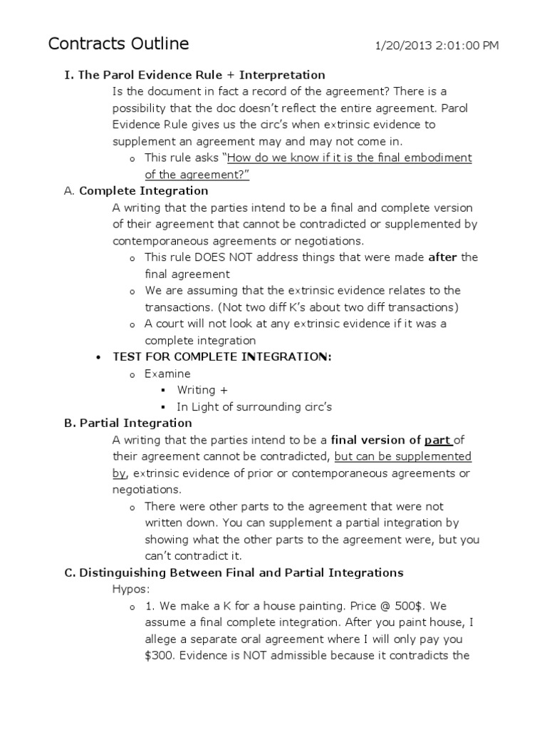 Contracts Outline: I. The Parol Evidence Rule + Interpretation | PDF ...