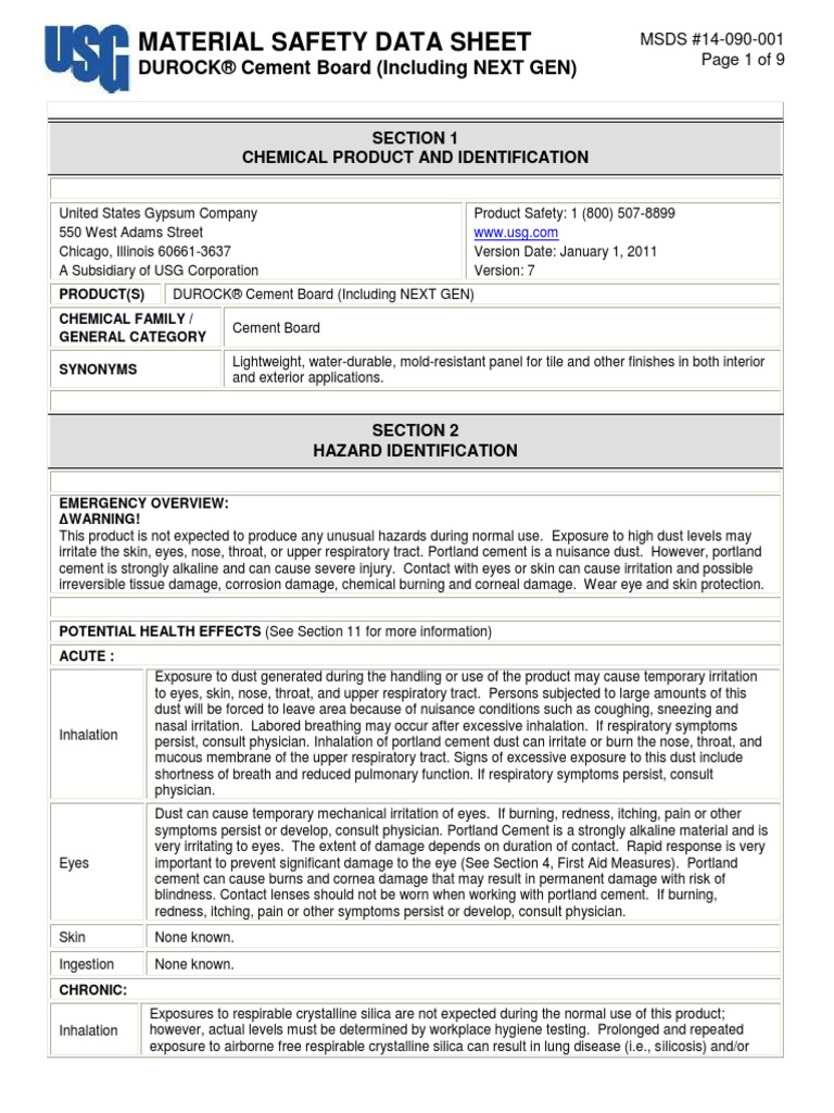 Durock Cement Board Msds en 14090001 | PDF | Carcinogen | Dermatitis
