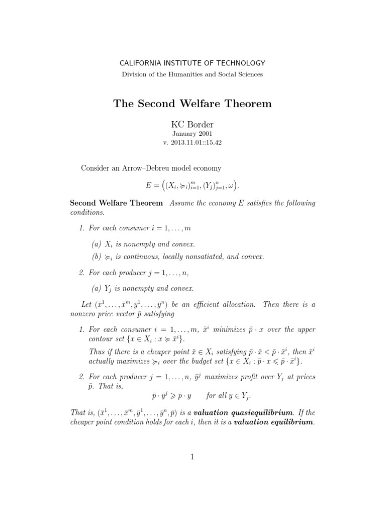 The Second Welfare Theorem: KC Border | PDF | Convex Set | Continuous ...