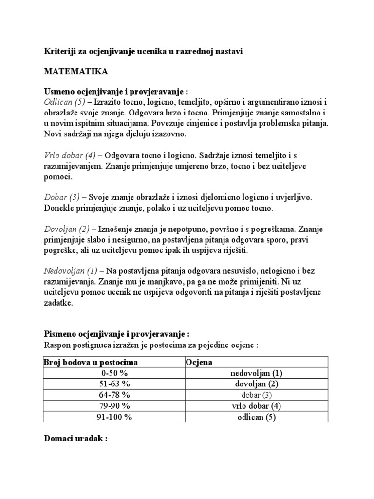 Kriteriji Opisnog Ocjenjivanja | PDF