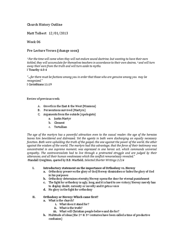 Church History Outline Matt Tolbert 12/01/2013 Week 06 Pre-Lecture ...