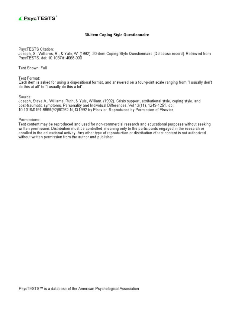 30-Item Coping Style Questionnaire | PDF | Coping (Psychology) | Limbic ...