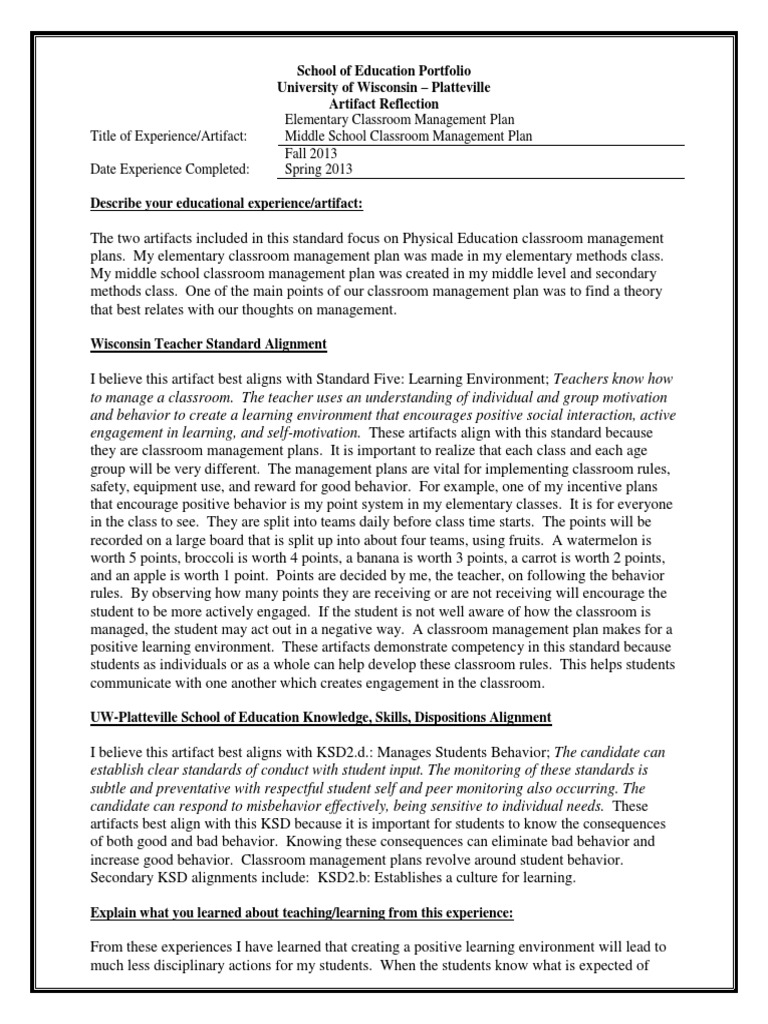 Artifact Template Standard Five | PDF | Classroom Management | Pedagogy