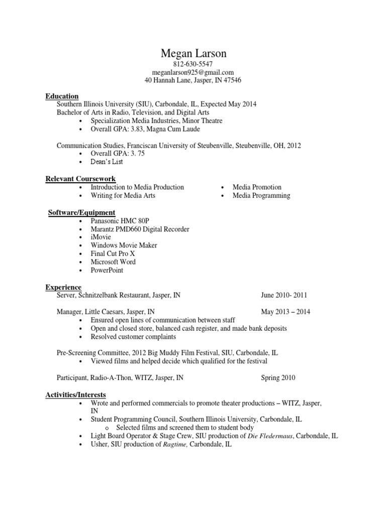 Megan Larson's Media Arts Resume | PDF
