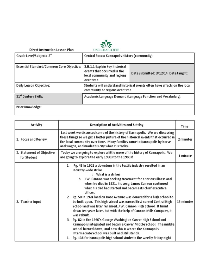 Kannapolis History Lesson Plan for 3rd Grade | PDF | Middle Schools ...