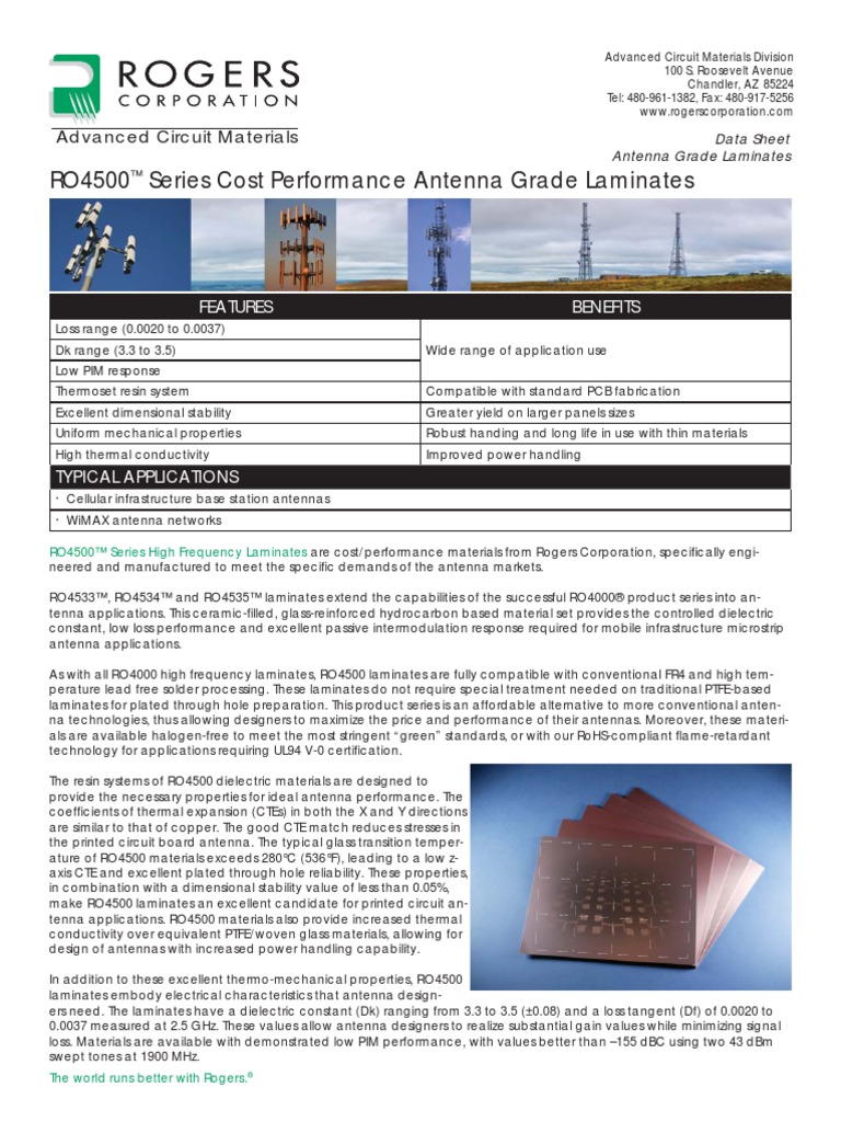 RO4500 Antenna Grade Laminates For High Volume Applications | PDF ...