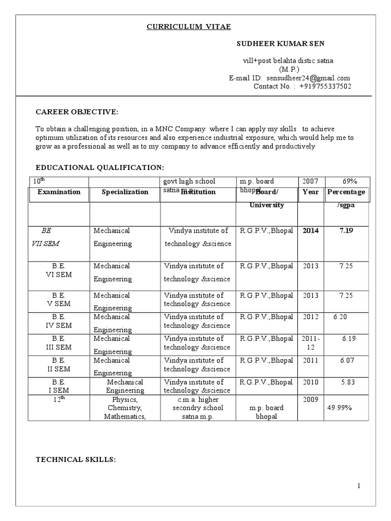 Sudheer Kumar Sen's CV - Mechanical Engineer | PDF