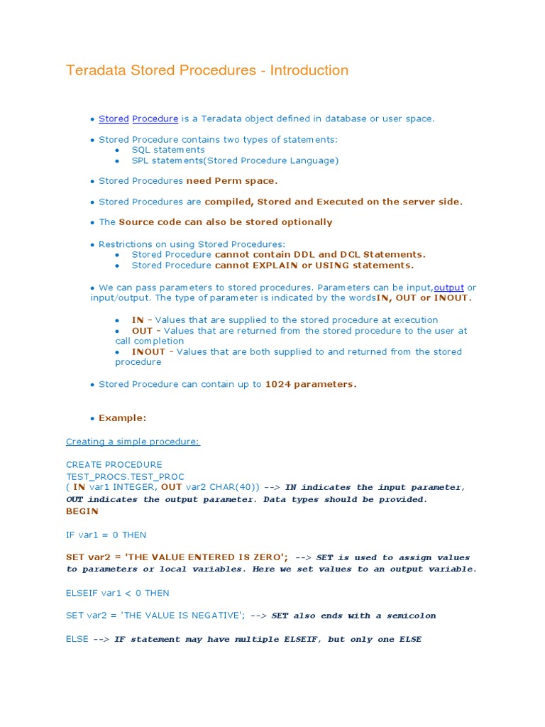 Teradata Stored Procedures | PDF | Parameter (Computer Programming) | Subroutine