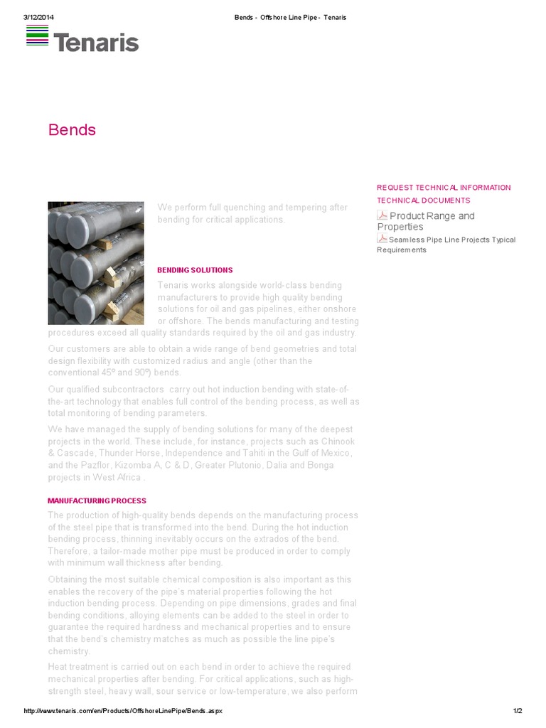 Bends - Offshore Line Pipe - Tenaris - Mother Pipe | PDF | Pipe (Fluid ...