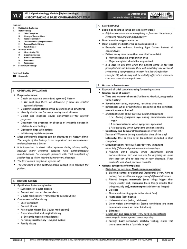M11 OPHTHA Hx-Taking & Basic Ophtha Exam Team10 | PDF | Visual Acuity ...