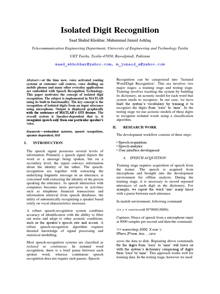 Isolated Digit Recognition System Pdf Speech Recognition Applied