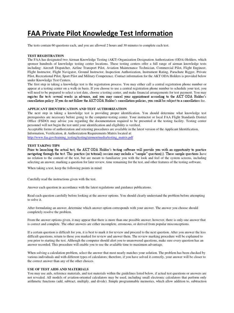 Faa Private Pilot Knowledge Test Information | PDF | Pilot (Aeronautics ...
