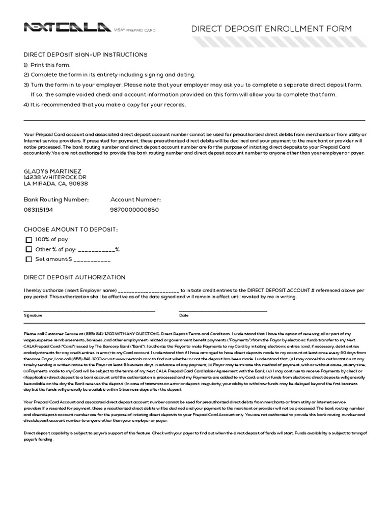 Direct Deposit Form | PDF | Debit Card | Payments