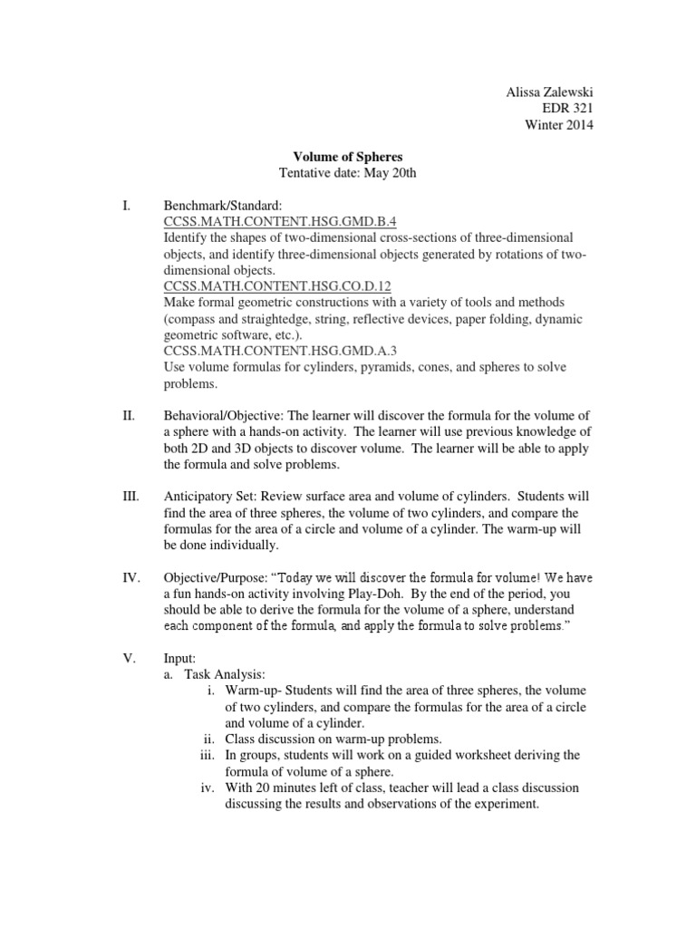 Volume of Spheres Lesson Plan | PDF | Volume | Sphere