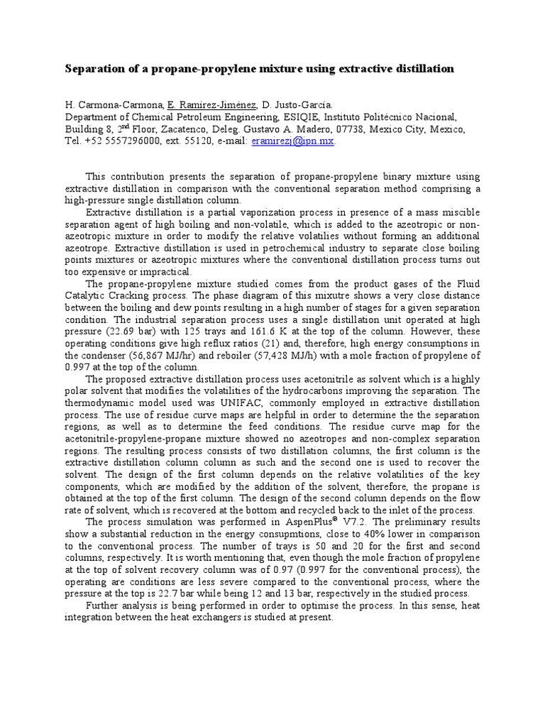 Separation of A Propane-Propylene Mixture Using Extractive Distillation ...