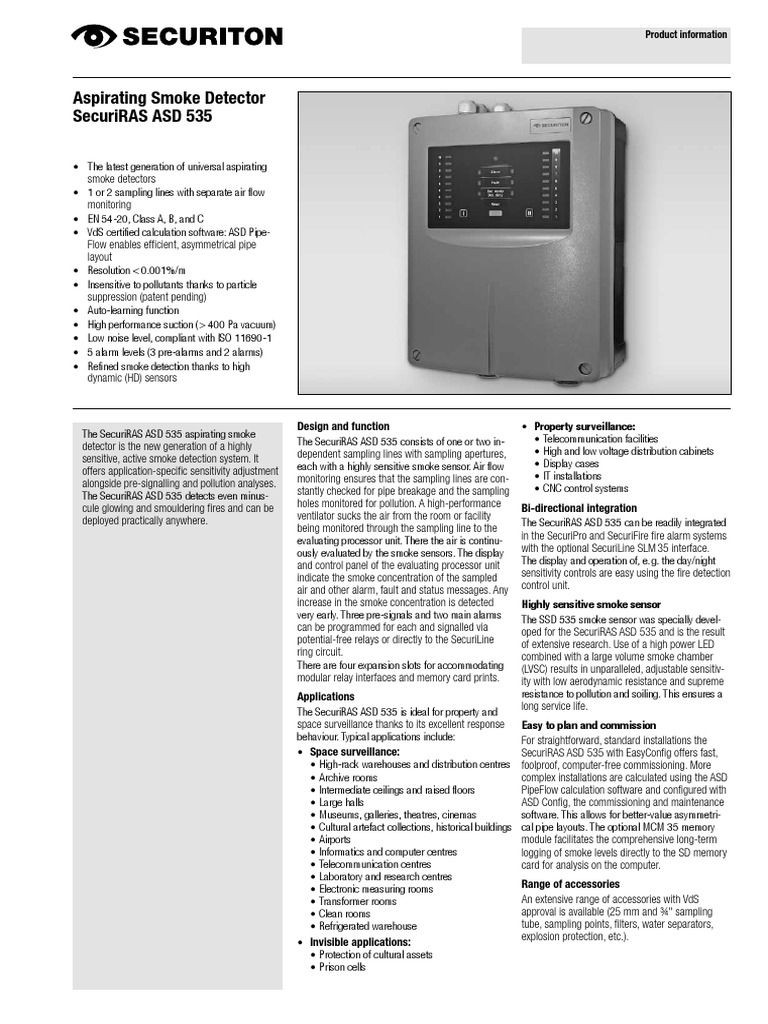 Aspirating Smoke Detector SecuriRAS ASD 535 | PDF | Smoke | Electrical ...