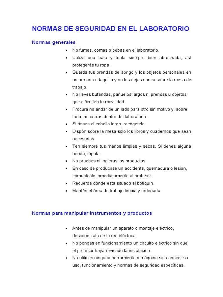 Normas De Seguridad En El Laboratorio De Química Medidas De Seguridad