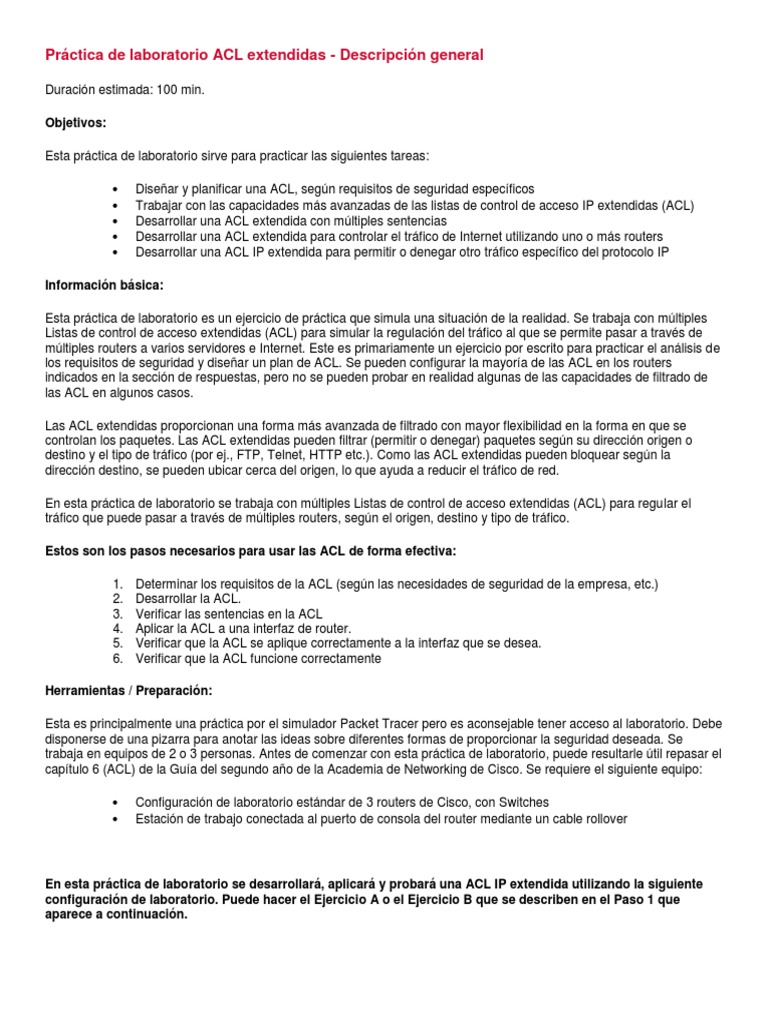 Práctica de laboratorio ACL extendidas | PDF | Enrutador (Computación) | Dirección IP