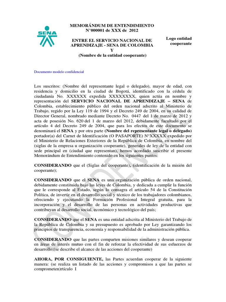 Modelo Memorandum de Entendimiento | Colombia | Gobierno