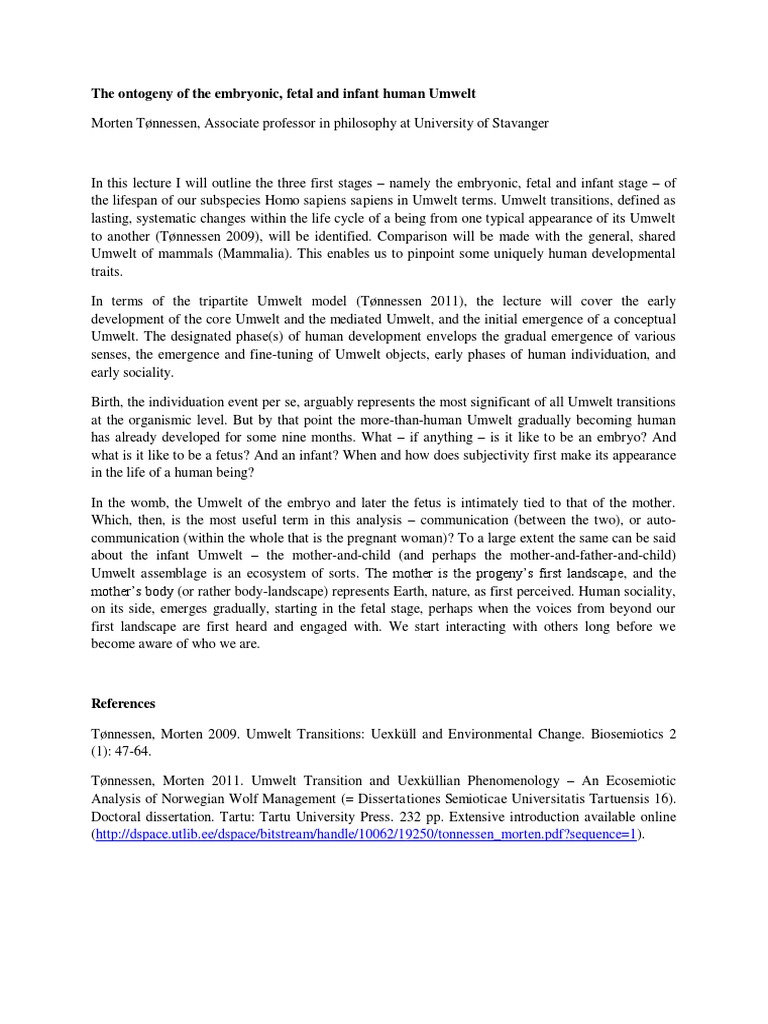 ABSTRACT The Ontogeny of The Embryonic Fetal and Infant Human Umwelt ...