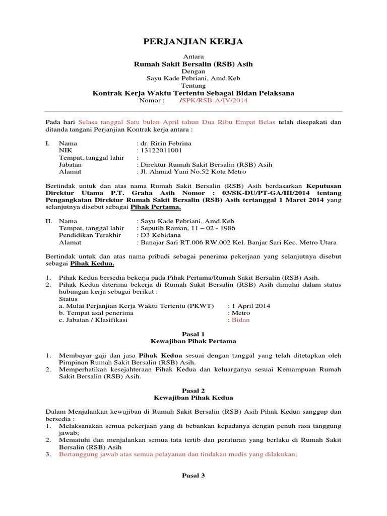 Perjanjian Kerja (DR - Ririn) Bidan | PDF