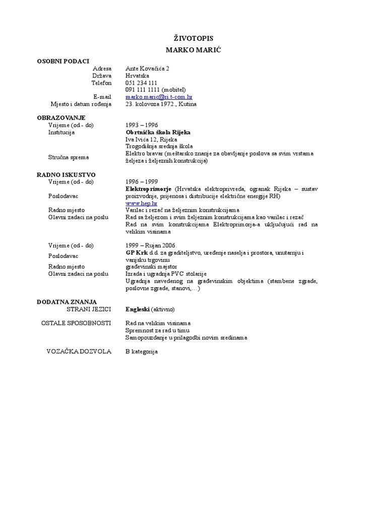 Zaposlise-Eu-Primjer Zivotopis Biografija Curriculum Vitae Cv1 | PDF