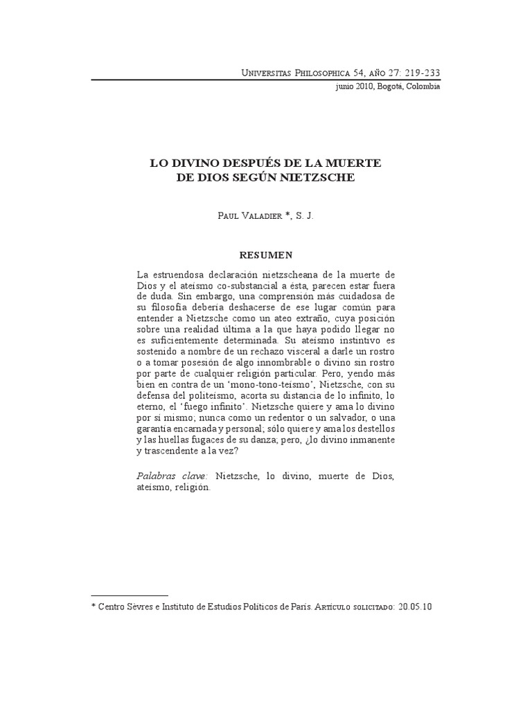 Lo Divino Después de La Muerte de Dios Según Nietzsche-Paul Valadier ...